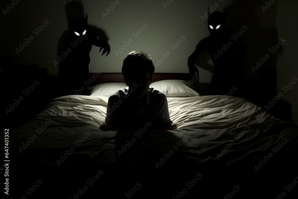 Horror, insomnia, states of mind, nightmares concept. Evil shadow ...