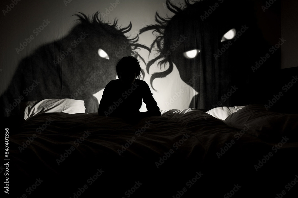 Horror, insomnia, states of mind, nightmares concept. Evil shadow ...