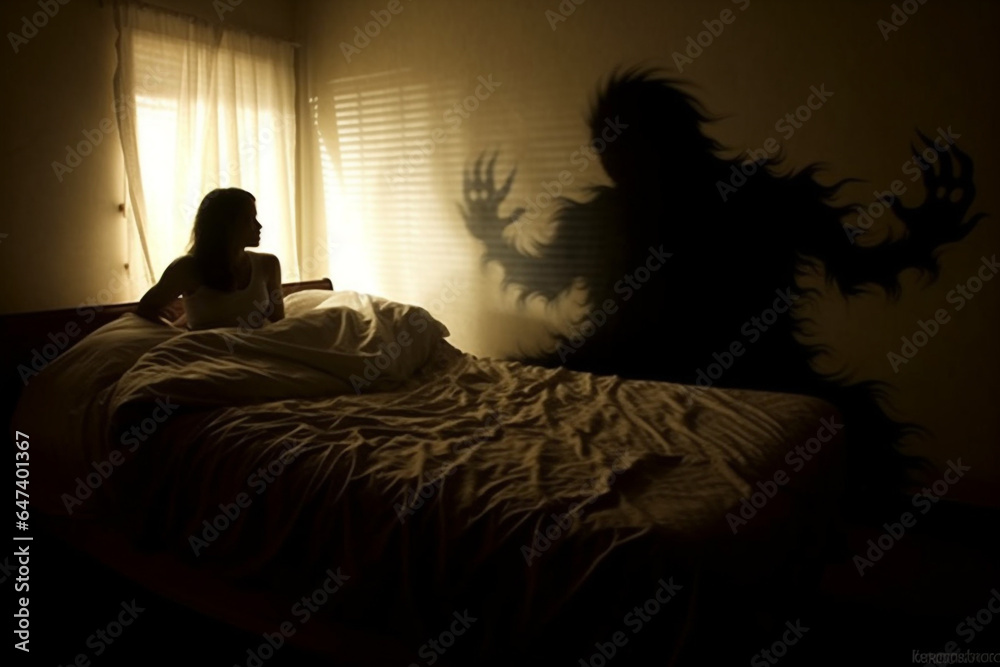 Horror, insomnia, states of mind, nightmares concept. Evil shadow ...