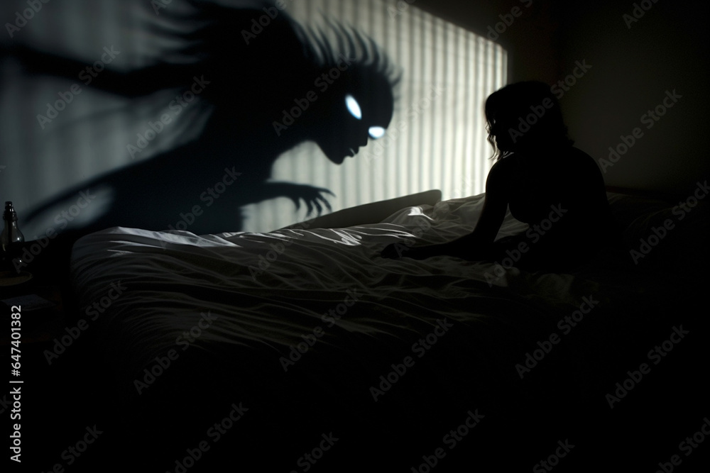 Horror, insomnia, states of mind, nightmares concept. Evil shadow ...