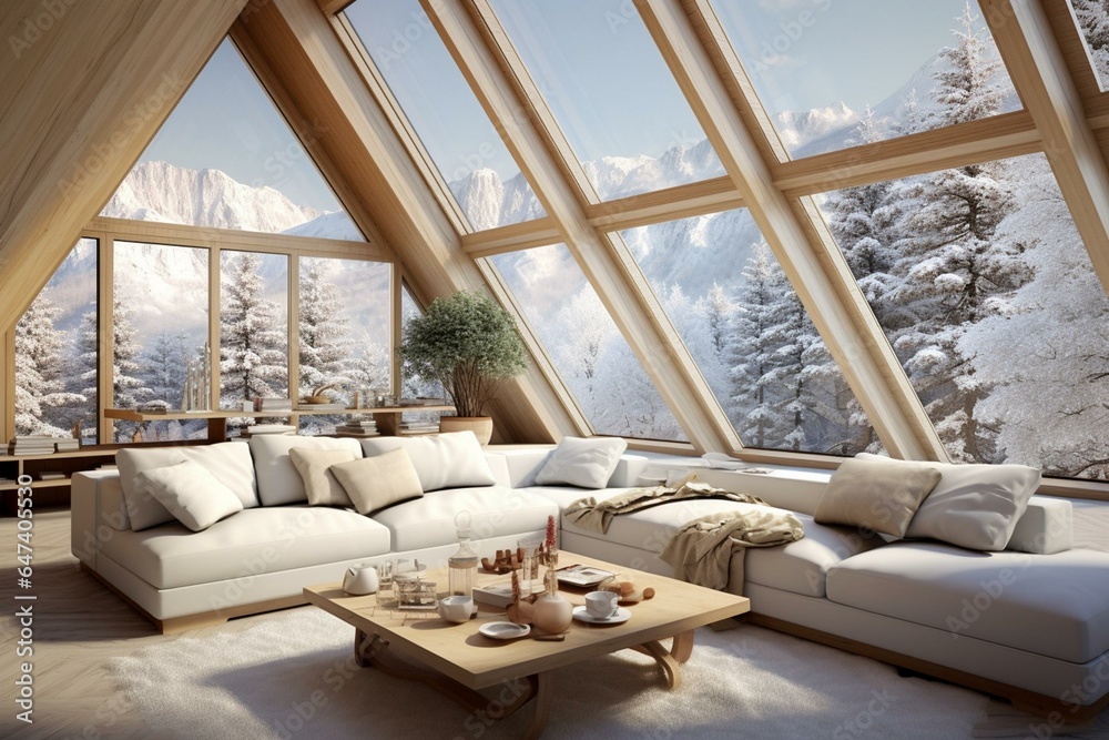 Luxury eco house living room, parquet floor, wooden roof trusses ...