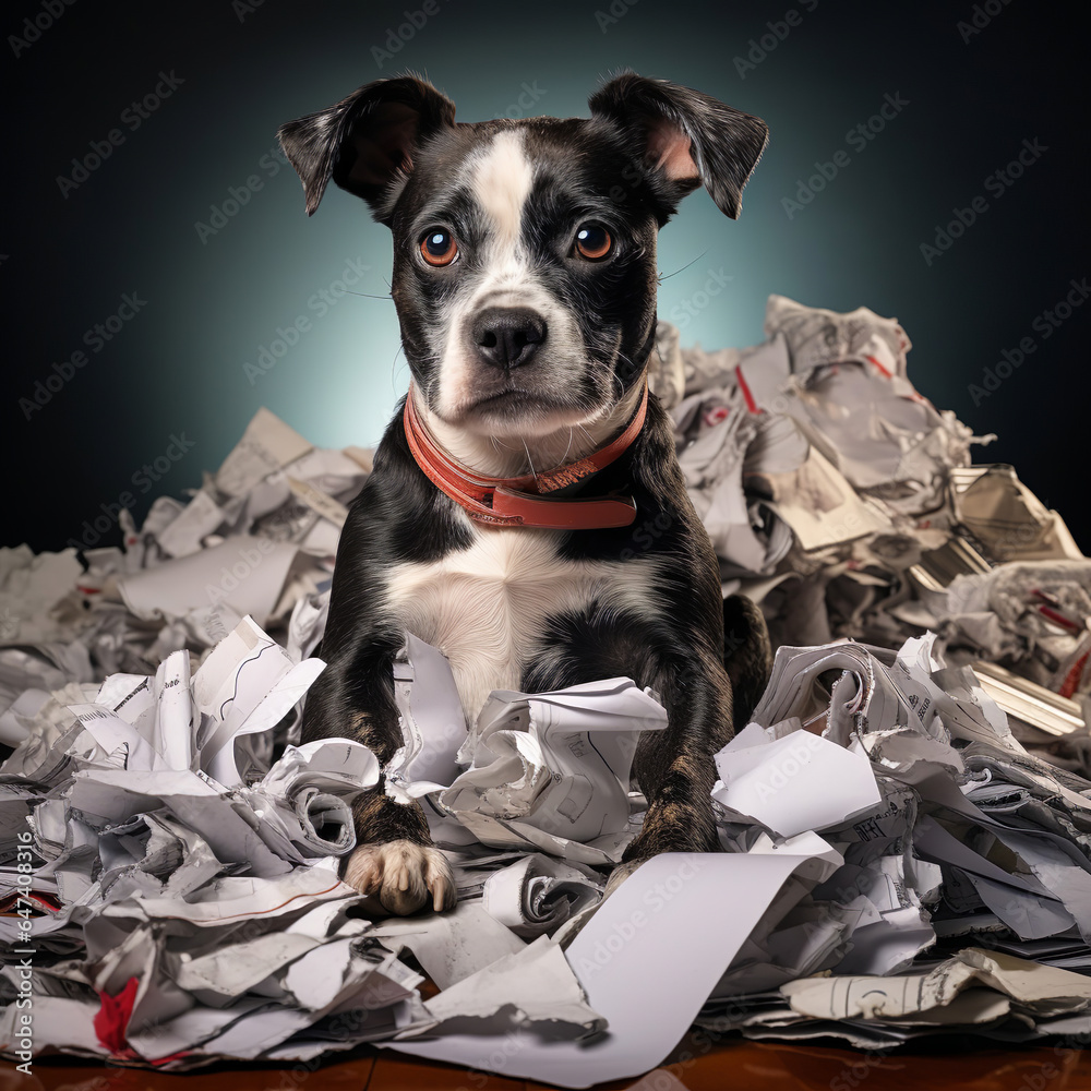 Bad dog sitting on the torn pieces of documents looking at camera Stock ...