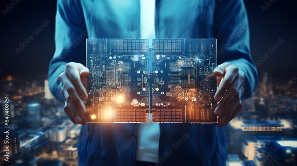 in a high-tech environment People holding artificial intelligence ...