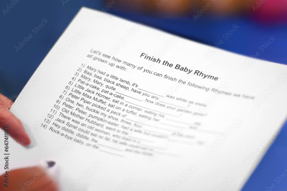 Baby rhyme shower game question and answer Stock Photo | Adobe Stock