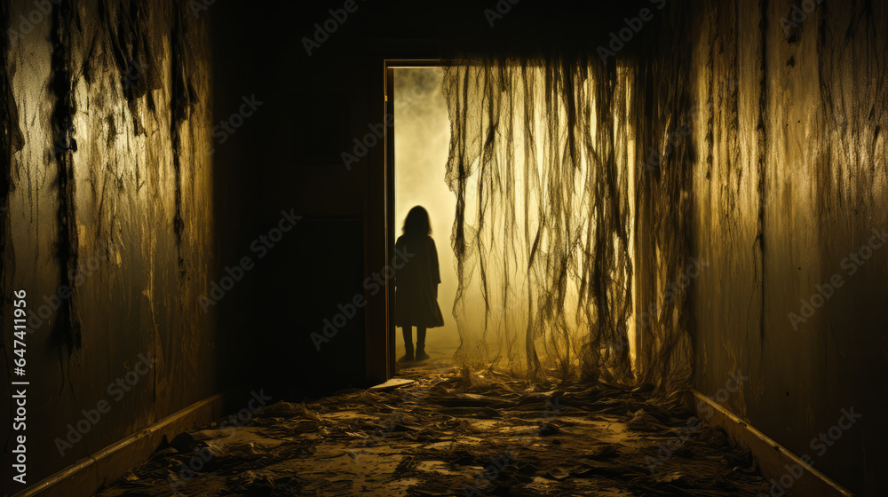 Mysterious child peeking from tattered curtain at a ghostly figure in ...