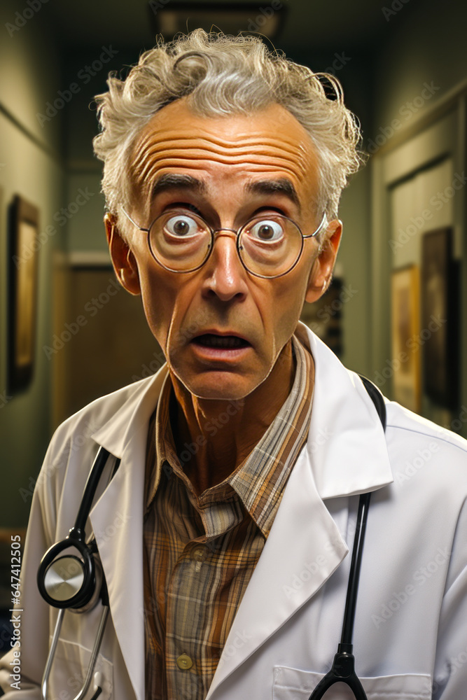 Shocking picture of an astounded elderly doctor against a plain ...