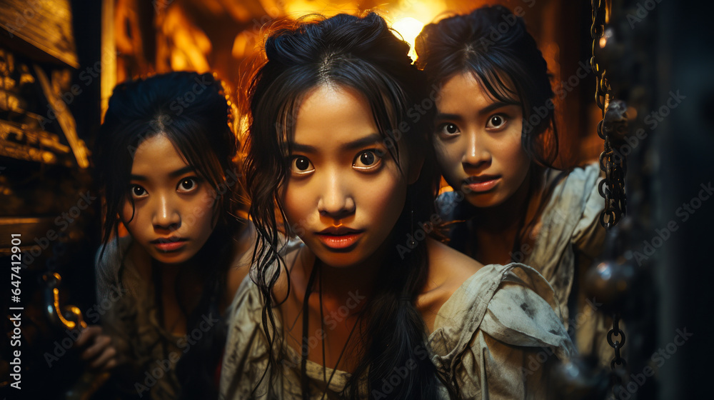 Spine-chilling scene of young Asian girls, scared and clinging to each ...