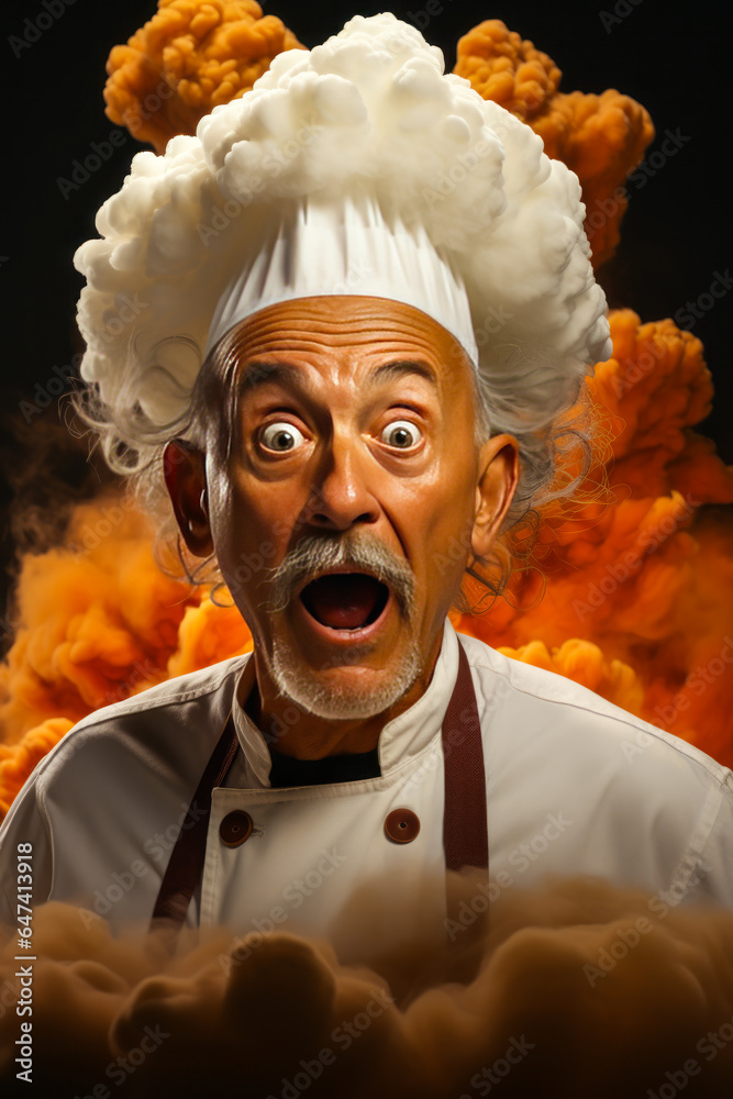 Captivating image of an eccentric middle-aged chef showing a surprised ...