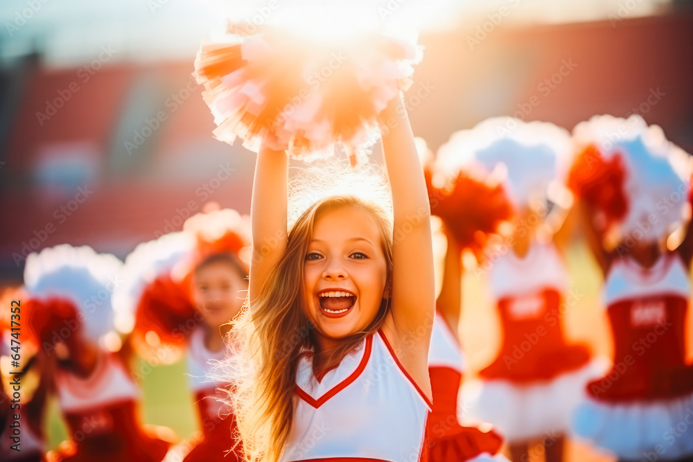 Beautiful young cheerleader in red and white smiling and cheering with ...