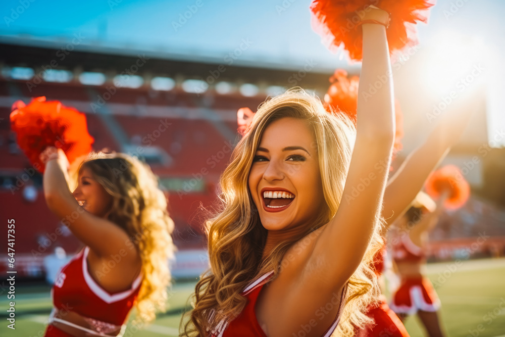 Beautiful young cheerleader in red and white smiling and cheering with ...