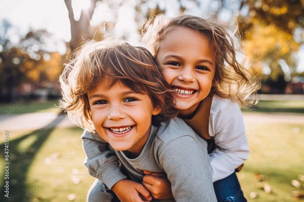 Brother giving his sister piggyback ride at the park, siblings outdoor ...