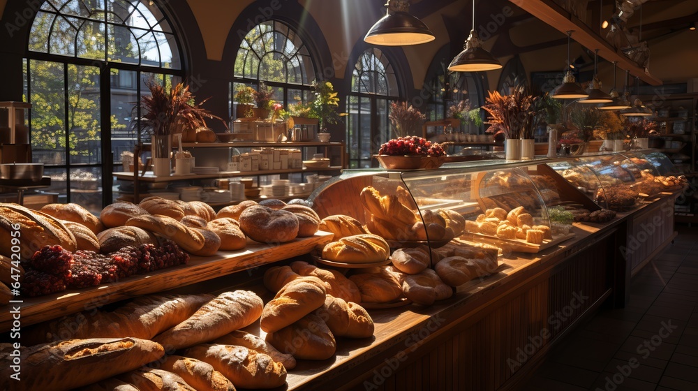 Rustic outdoor bakery and coffee shop with hot pastries and tables for ...