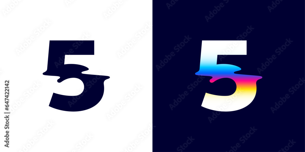 5 logo. Number five with color glitch. Neon double exposure style ...