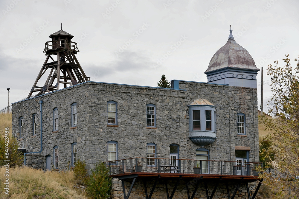 Two historic buildings in Helena Montana USA. Wooden FIRE TOWER, built ...