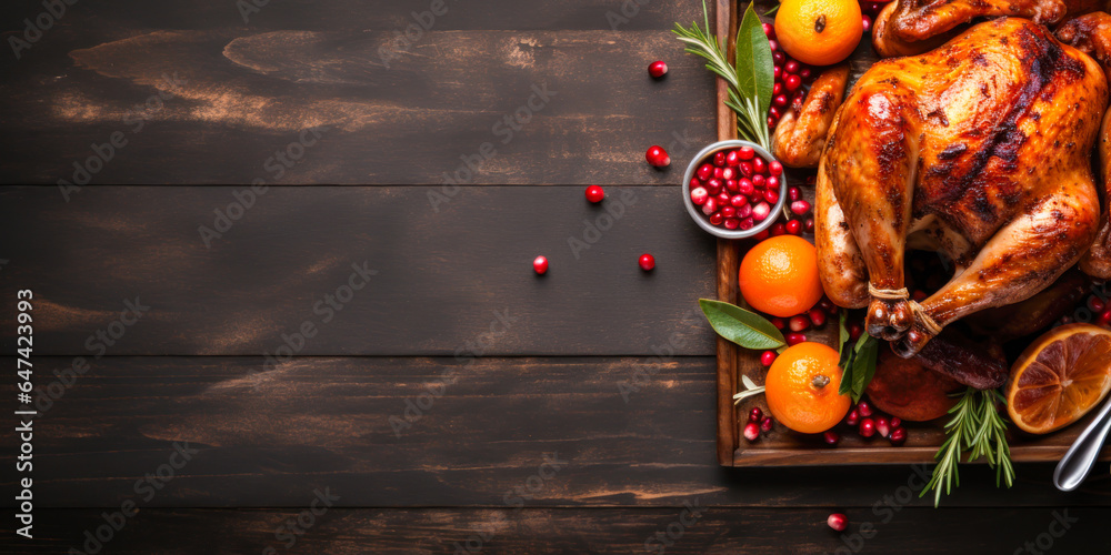 Thanksgiving whole roast turkey on brown wood plank table, flat lay ...