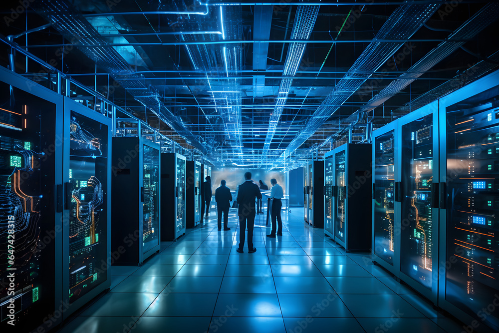 A modern data center with racks of servers, cooling systems, and ...