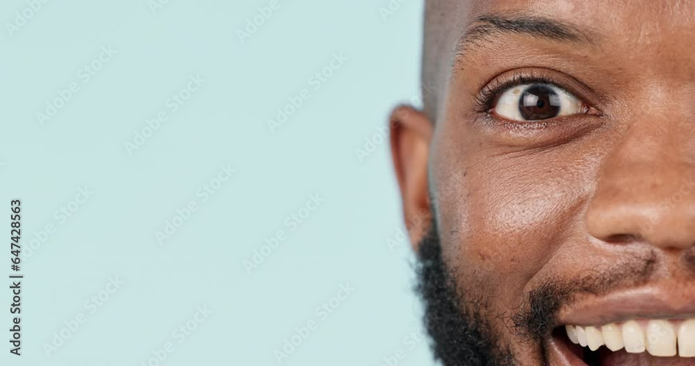 Wow, black man and face with surprised expression for gossip or ...