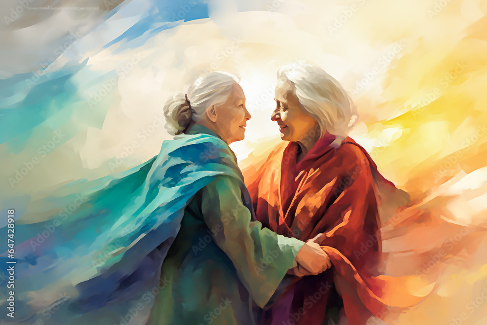 Mature female friendships illustration. Romantic love between older ...