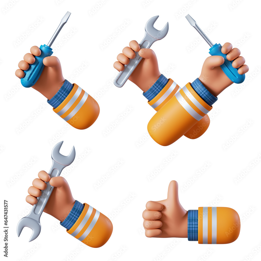 3d rendering, set of cartoon human master hands hold fixing and ...