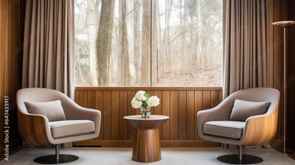 Two barrel chairs and round wooden coffee table against window near ...