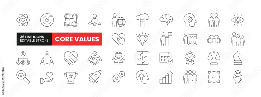 Set of 36 Core Values line icons set. Core Values outline icons with ...