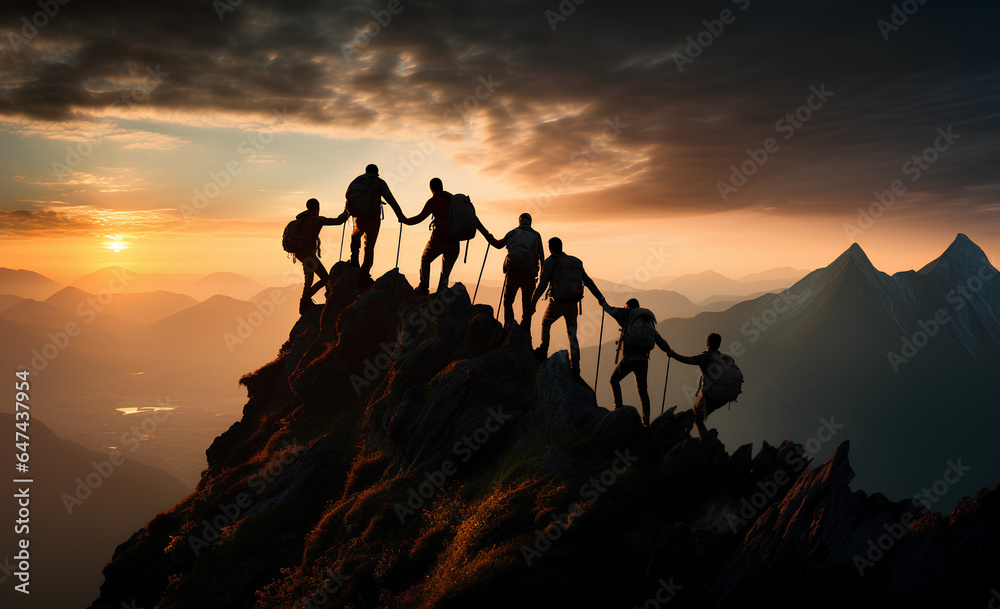 Group of people on peak mountain climbing helping team work , travel ...
