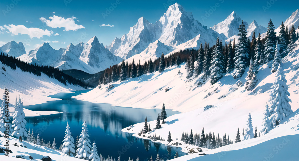 Beautiful winter landscape with snowy mountains and lake. Stock ...