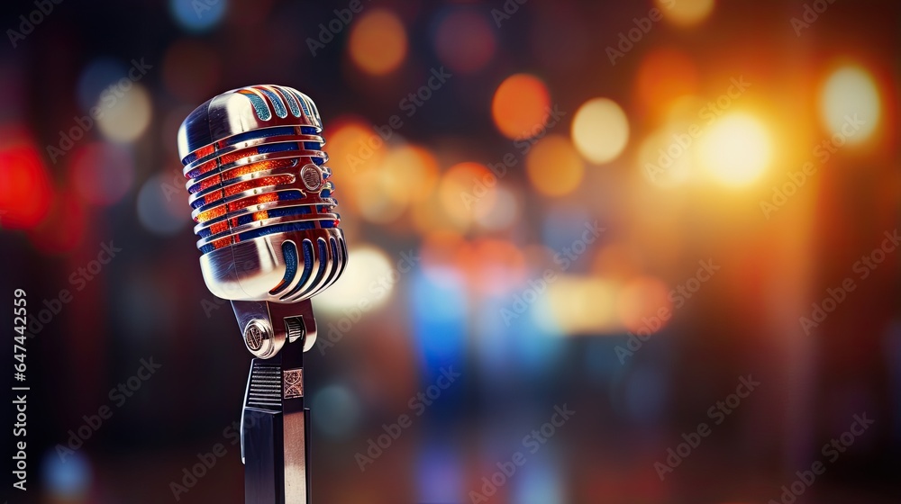 Microphone with a sleek chrome finish, standing proudly on a blurred ...