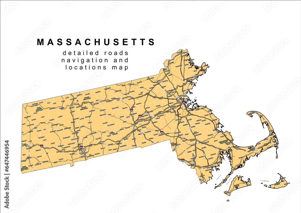 Massachusetts USA detailed roads navigation and locations map Stock ...