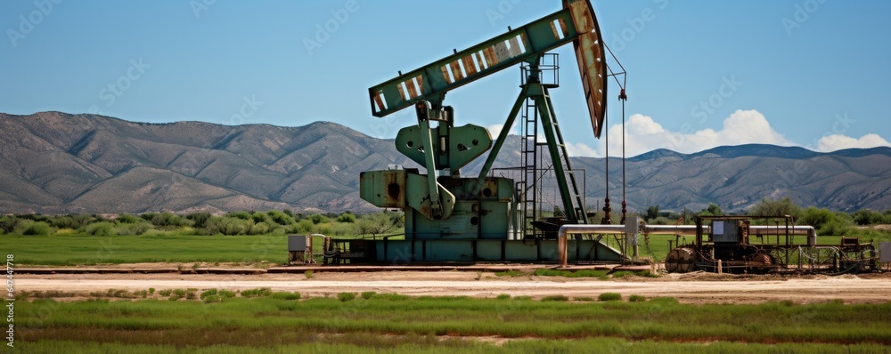 An old oil rig sitting idle in a barren landscape next to a lush green ...