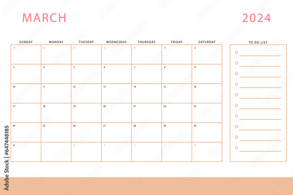 March 2024 calendar. Monthly planner template. Vector design Stock ...