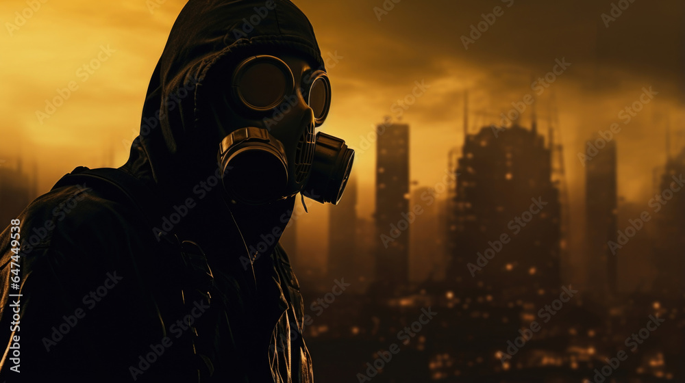 The gang leader, wearing a customized gas mask embedded with glowing ...