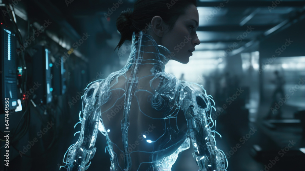 A netrunner wearing a cybernetic exoskeleton suit, wires running along ...