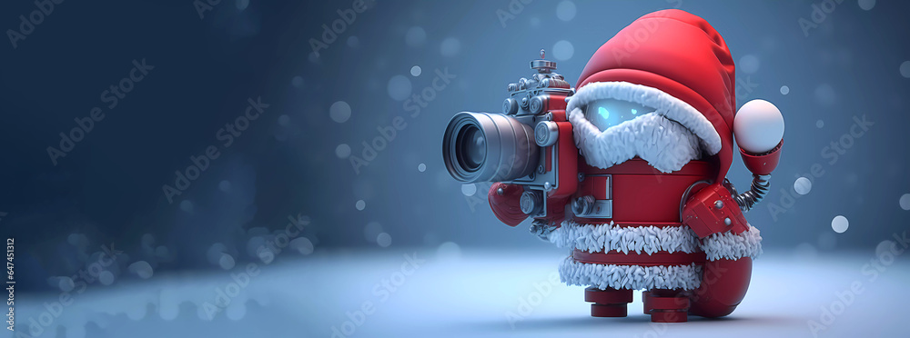 Santa Claus with a camera against a background of Christmas trees on a ...