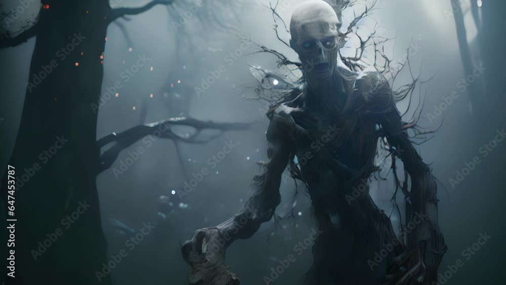 haunting figure lies in the fog its rotting skin covered in strange ...