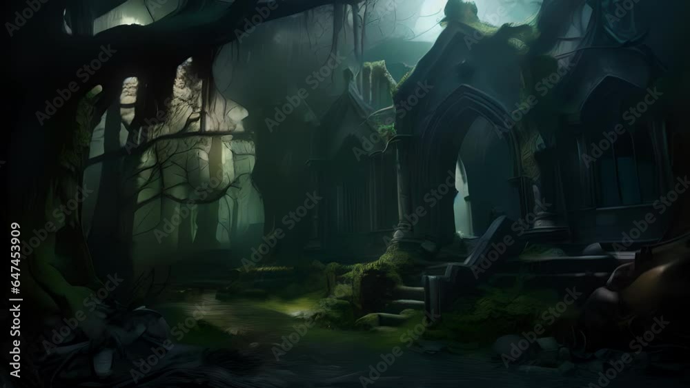 An eerie crypt deep in a fog enshrouded forest its disused tombs ...