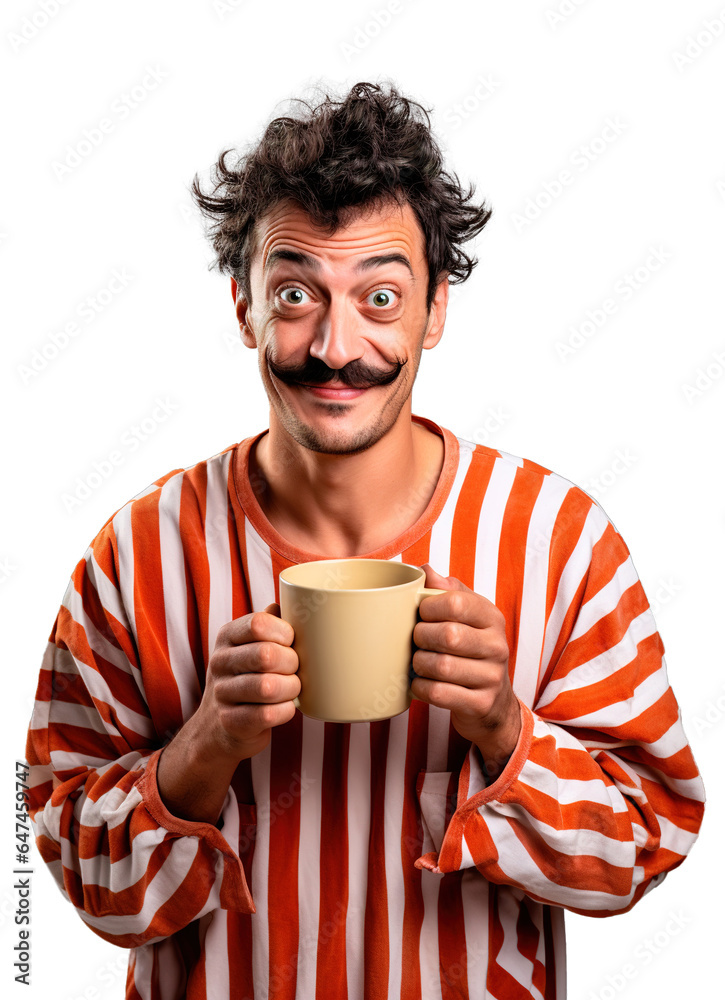 Newly woken up man with crazy face posing with pajamas and holding cup ...
