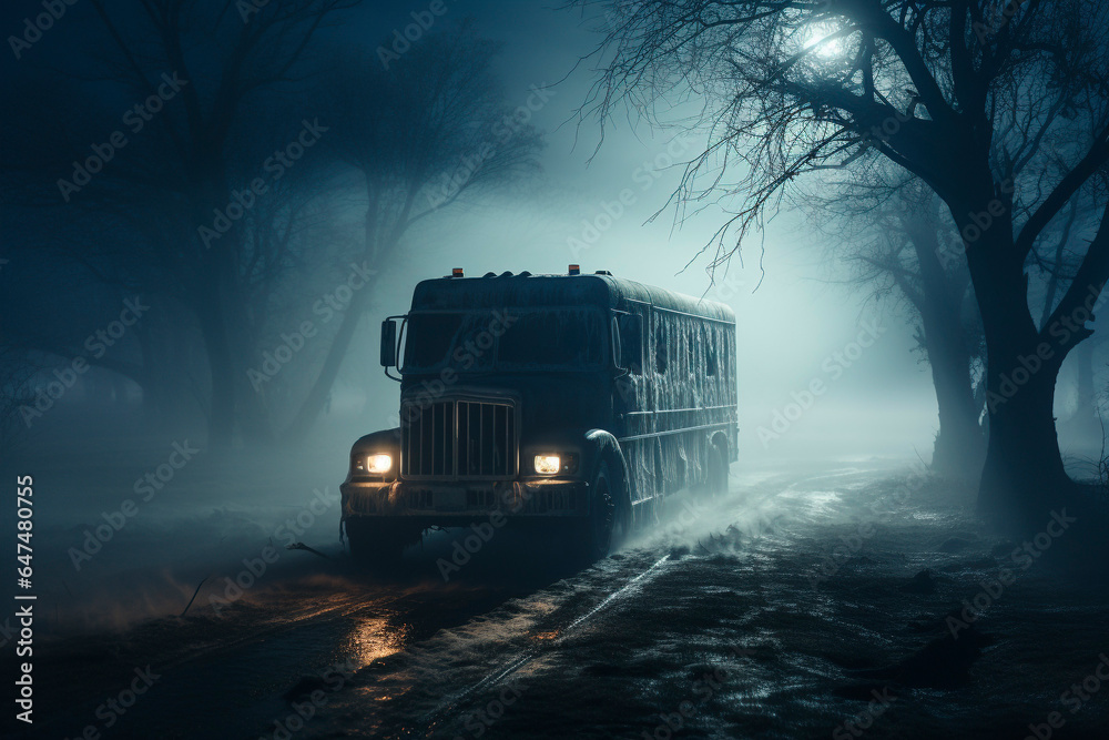 Ghost truck, old and abandoned, in the middle of the Halloween night ...