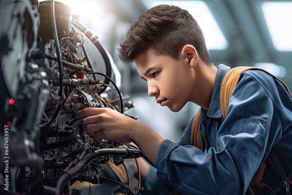 Close-up of aircraft engineers using multimeter to inspect helicopter ...