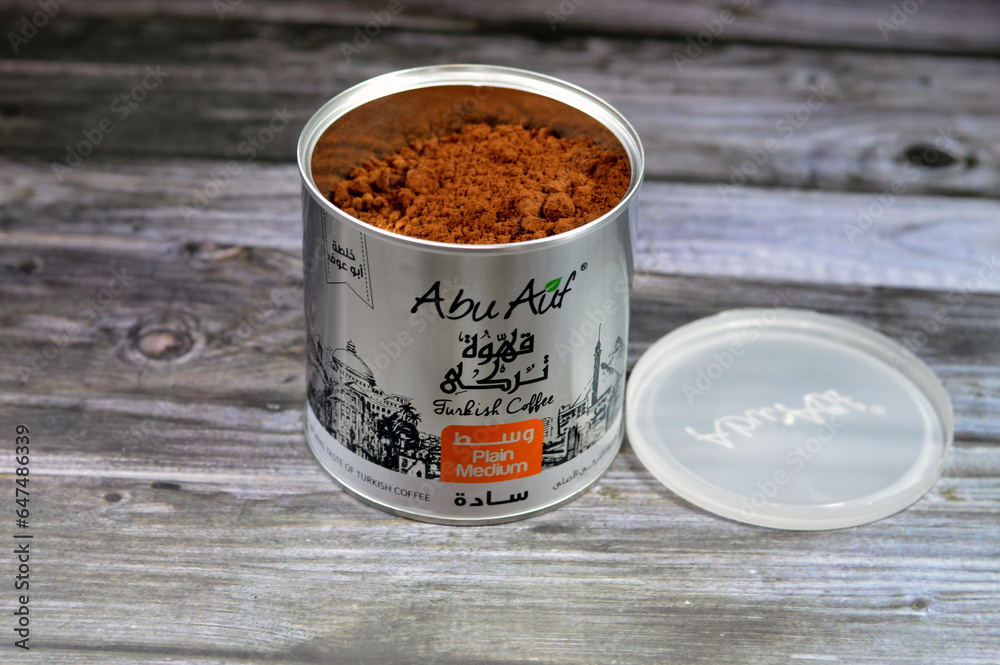 Cairo, Egypt, September 11 2023: Abu Auf plain medium Turkish coffee ...
