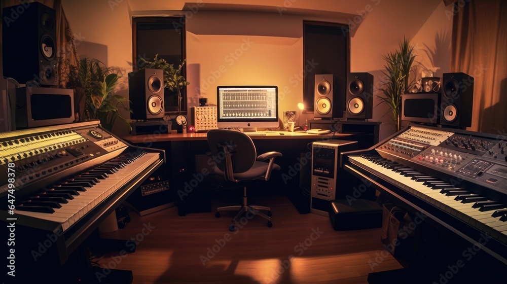 Recording control room complete with mixing desk. amplifier, piano ...