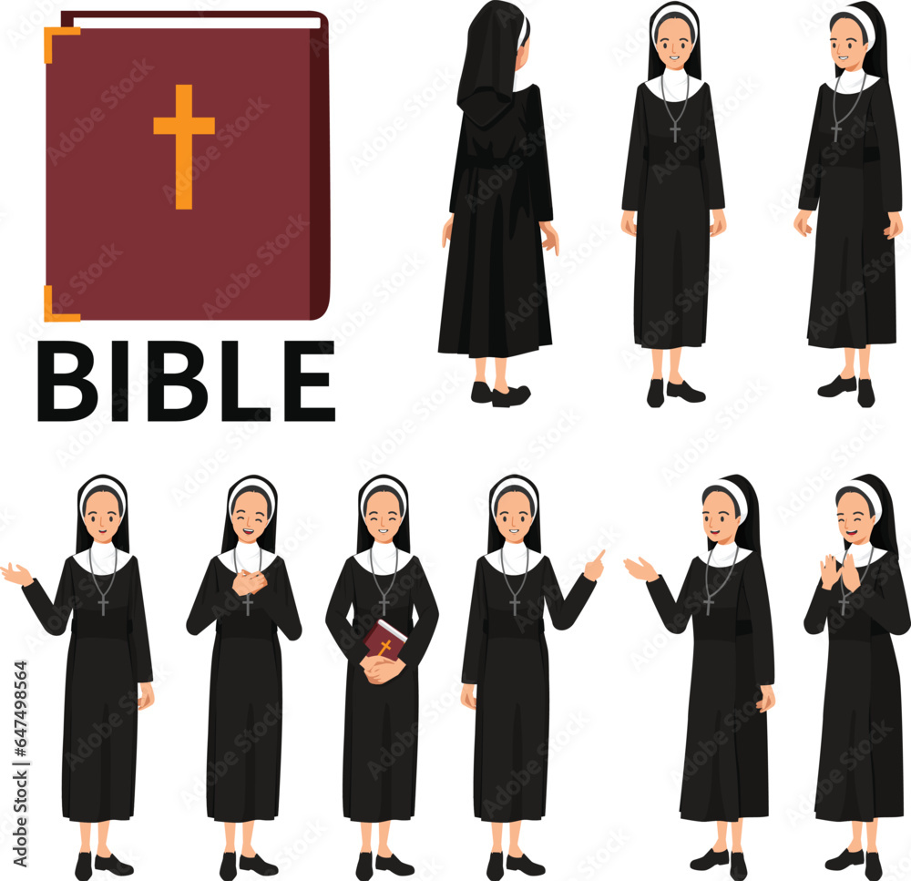 Catholic nun character set, smiling and speaking. Isolated vector ...