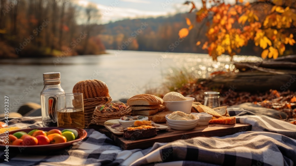 A serene autumn picnic scene by a tranquil lake, showcasing a spread of ...