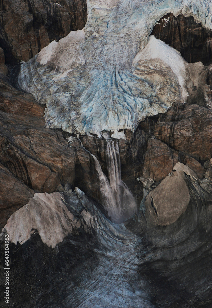 Waterfall of melting ice from glaciers in Stikine Icefield, Alaska, USA ...