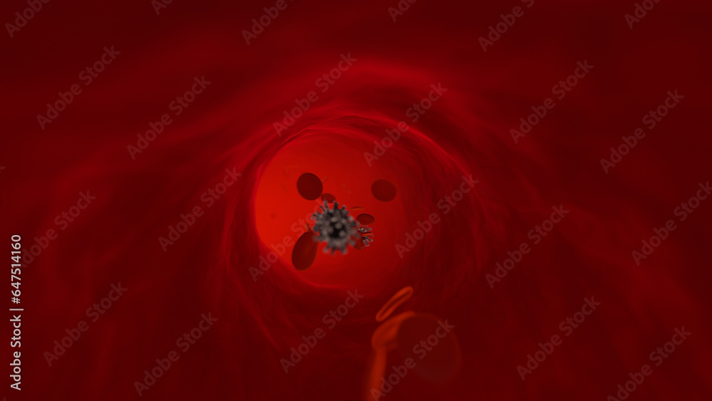 4K CGI render, revealing red blood cells and virus cells inside a blood ...