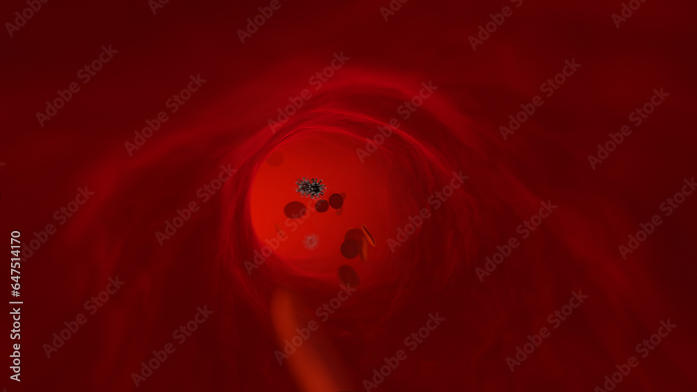 4K CGI render, revealing red blood cells and virus cells inside a blood ...