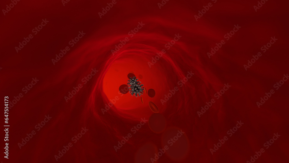 4K CGI render, revealing red blood cells and virus cells inside a blood ...