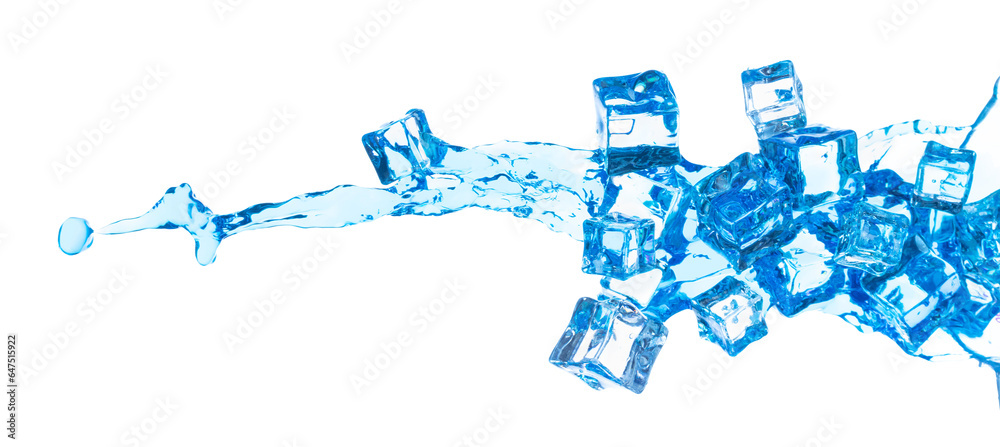 Ice Cubes fresh water pouring flying, crystal clear ice cool water wave ...