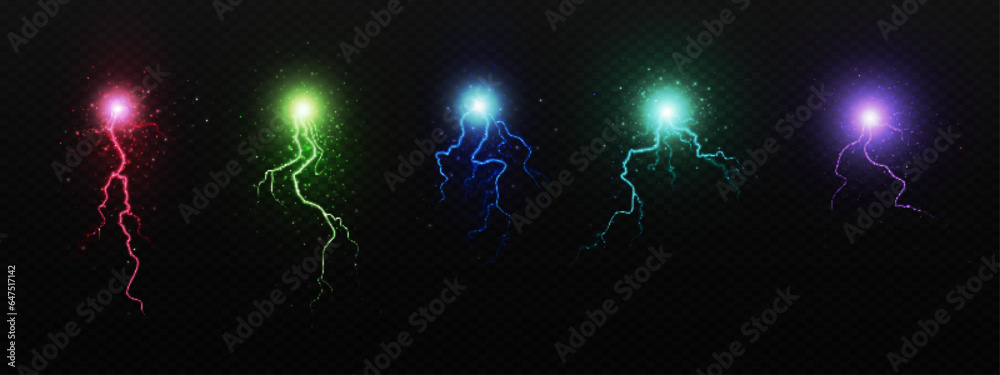 Color lightning bolts set isolated on transparent background. Vector ...