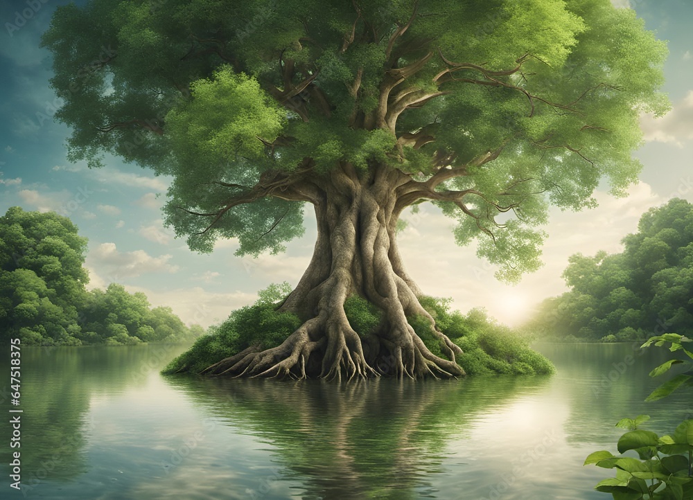 Magnificent giant tree with many visible roots and branches with green ...